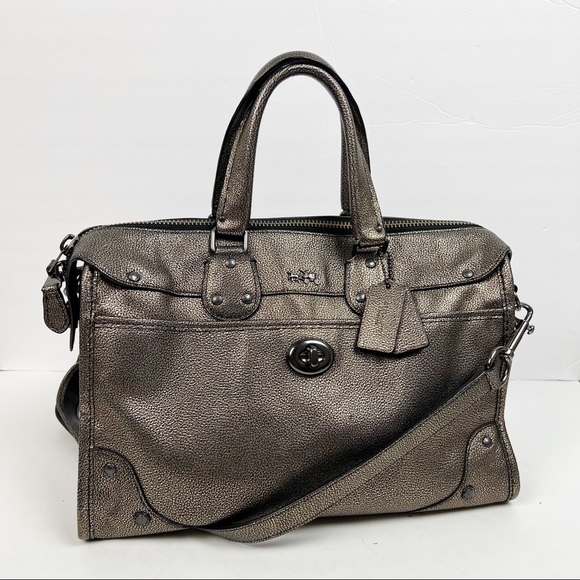 Coach | Bags | Coach Rhyder Large Metallic Gunmetal Leather Womens ...